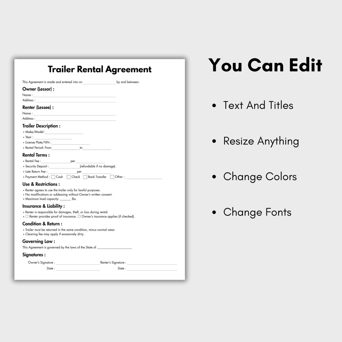 One Page Trailer Rental Agreement, Editable Trailer Rental Contract ...