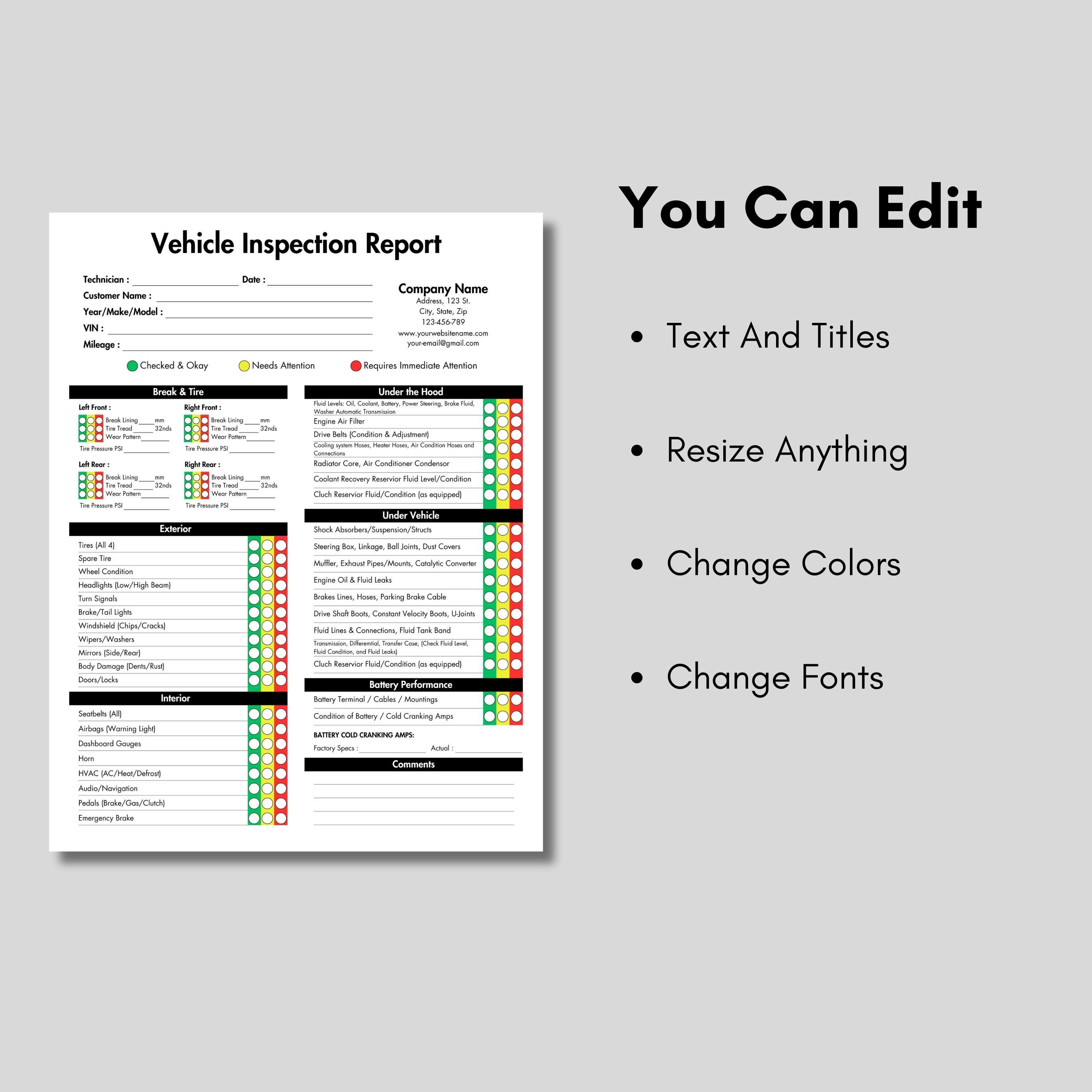 Editable Vehicle Inspection Report, Printable Car or Equipment Rental ...