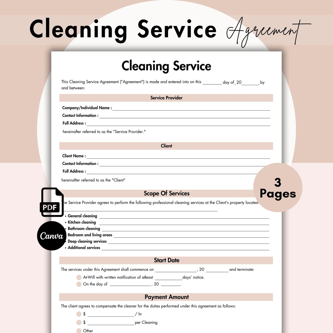 Cleaning Service Agreement, Printable Cleaning Business Forms, Editable ...