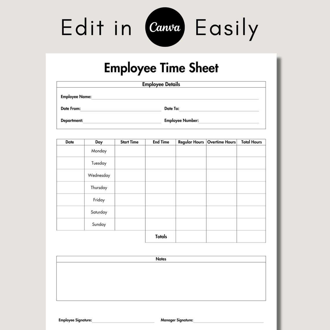 Editable Employee Time Sheet, Timekeeping Sheet Form, Staff Management ...