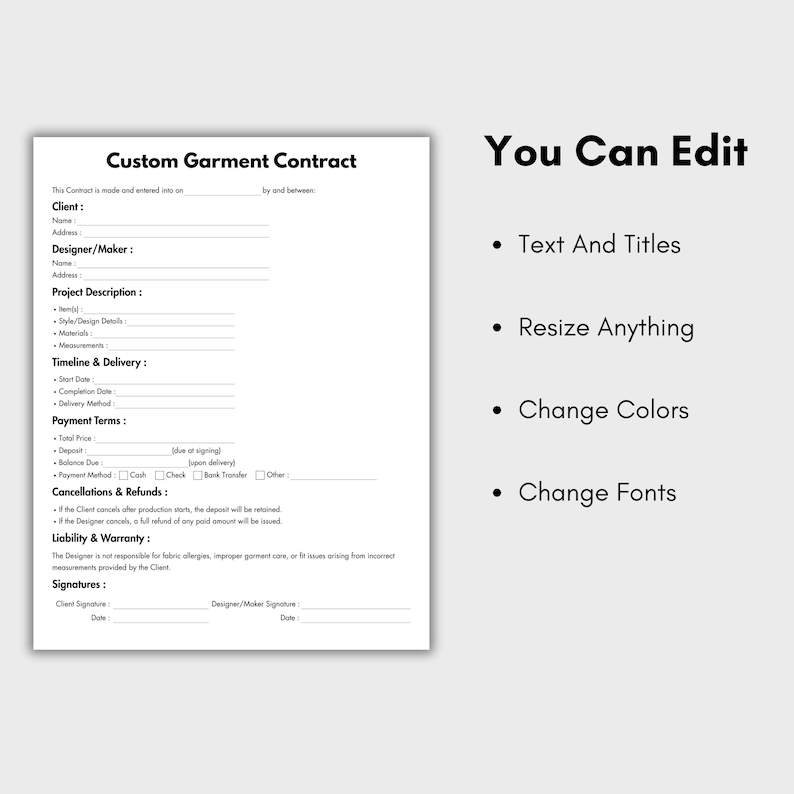 One Page Custom Garment Contract, Editable Tailor Clothing Agreement ...