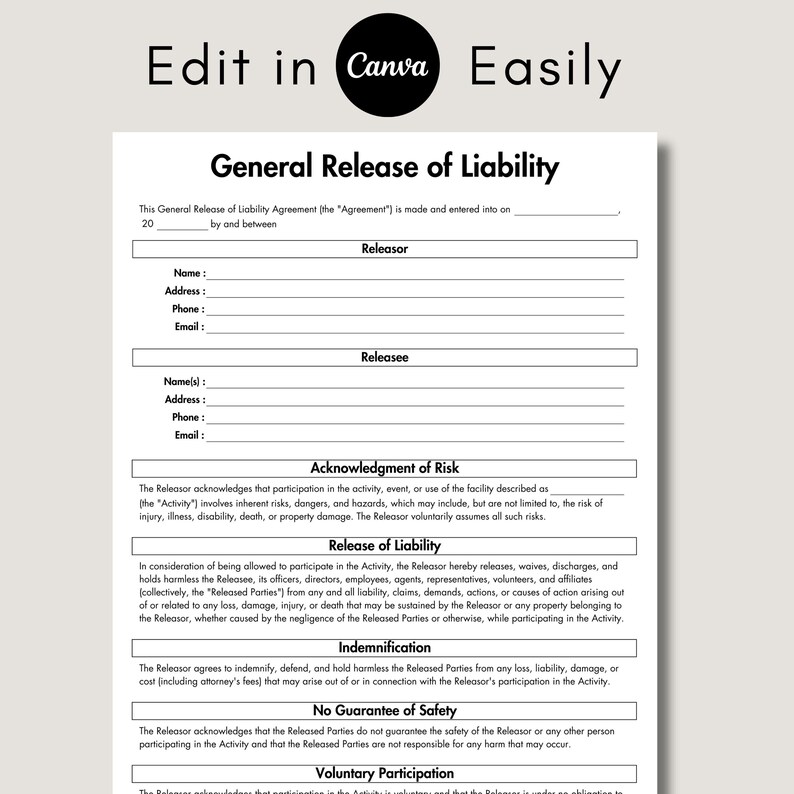General Release of Liability, Printable & Editable Informed Consent ...