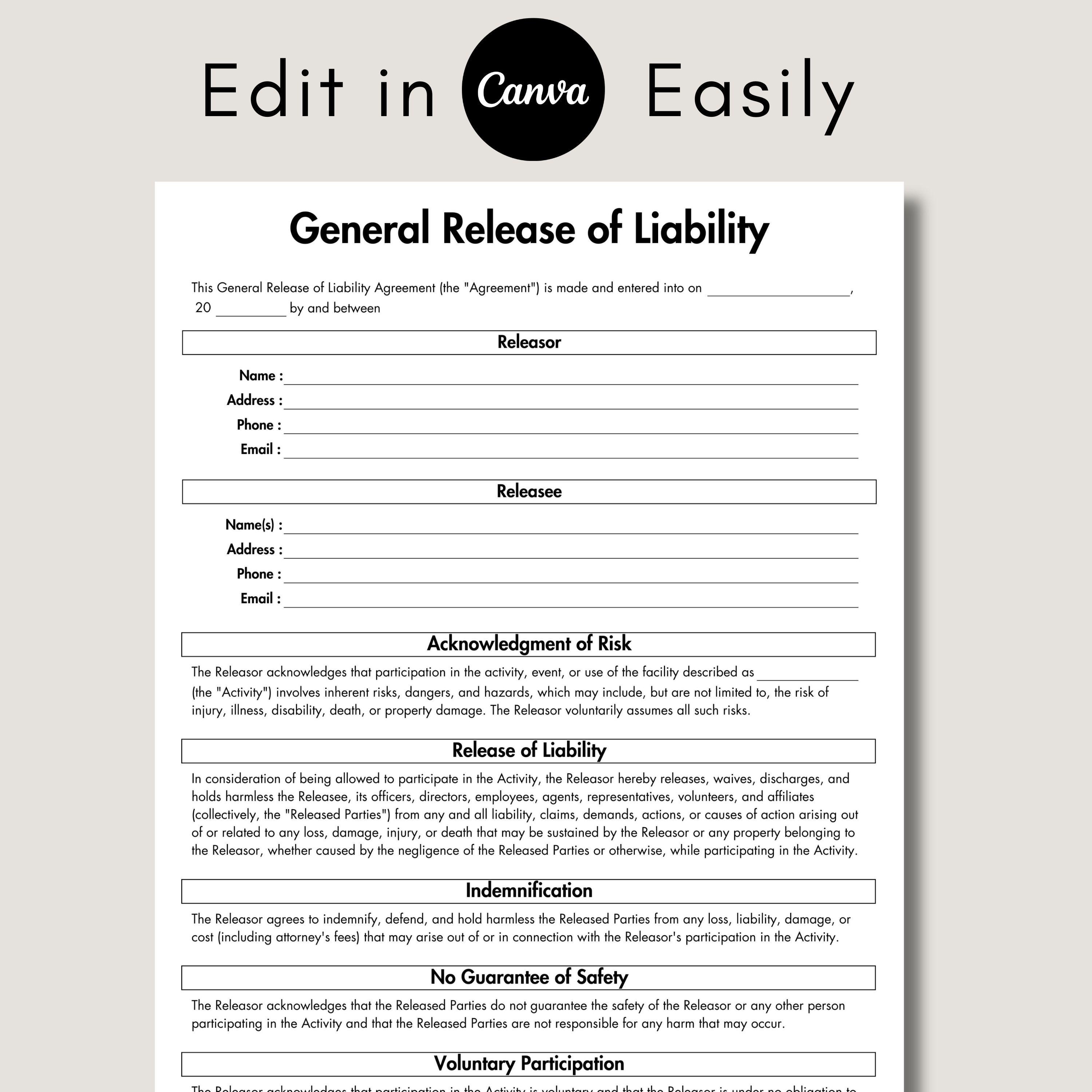 General Release of Liability, Printable & Editable Informed Consent ...