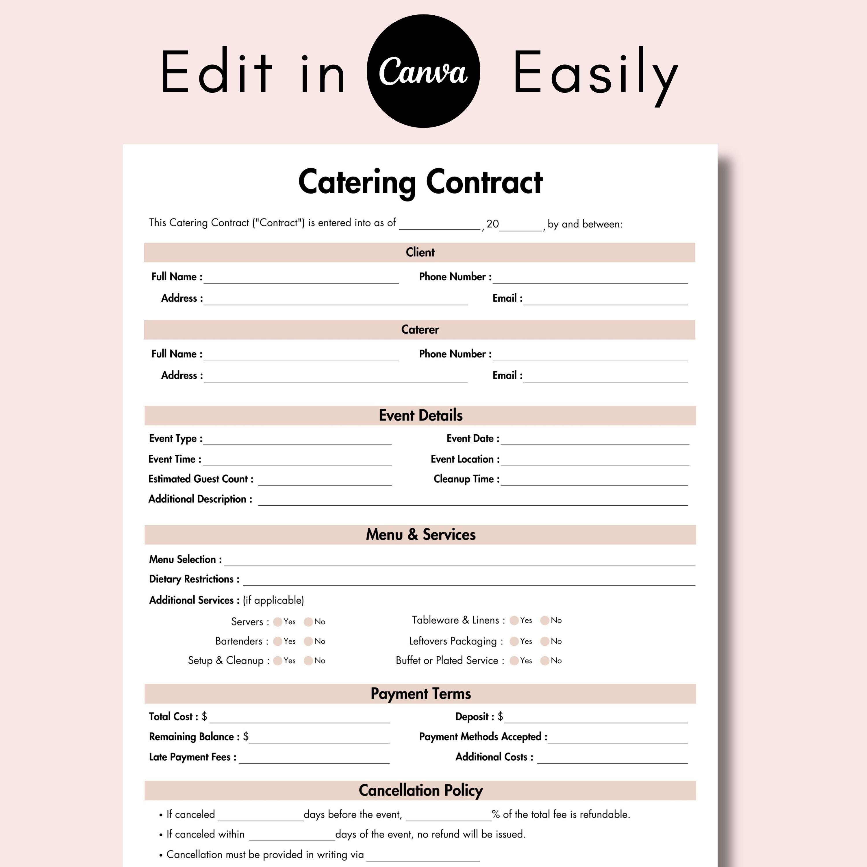 Catering Contract Template, Editable in Canva Catering Service Contract ...