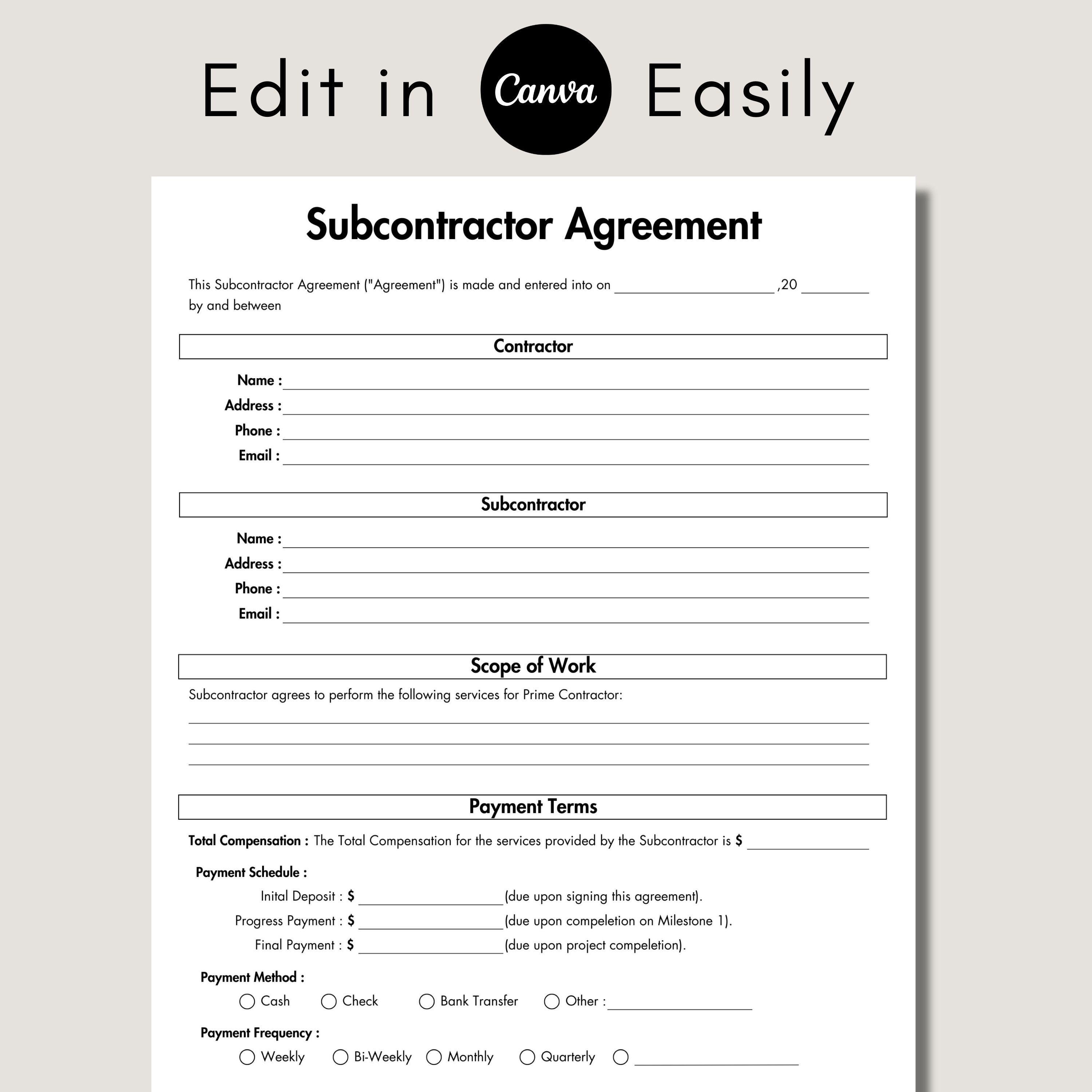 Subcontractor Agreement Template, Printable & Editable Job Subcontractor Agreement Forms ...