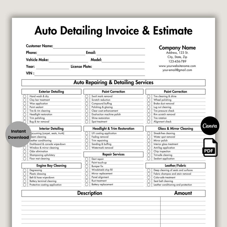 Editable Auto Detailing Invoice & Estimate, Printable Vehicle Detailing ...