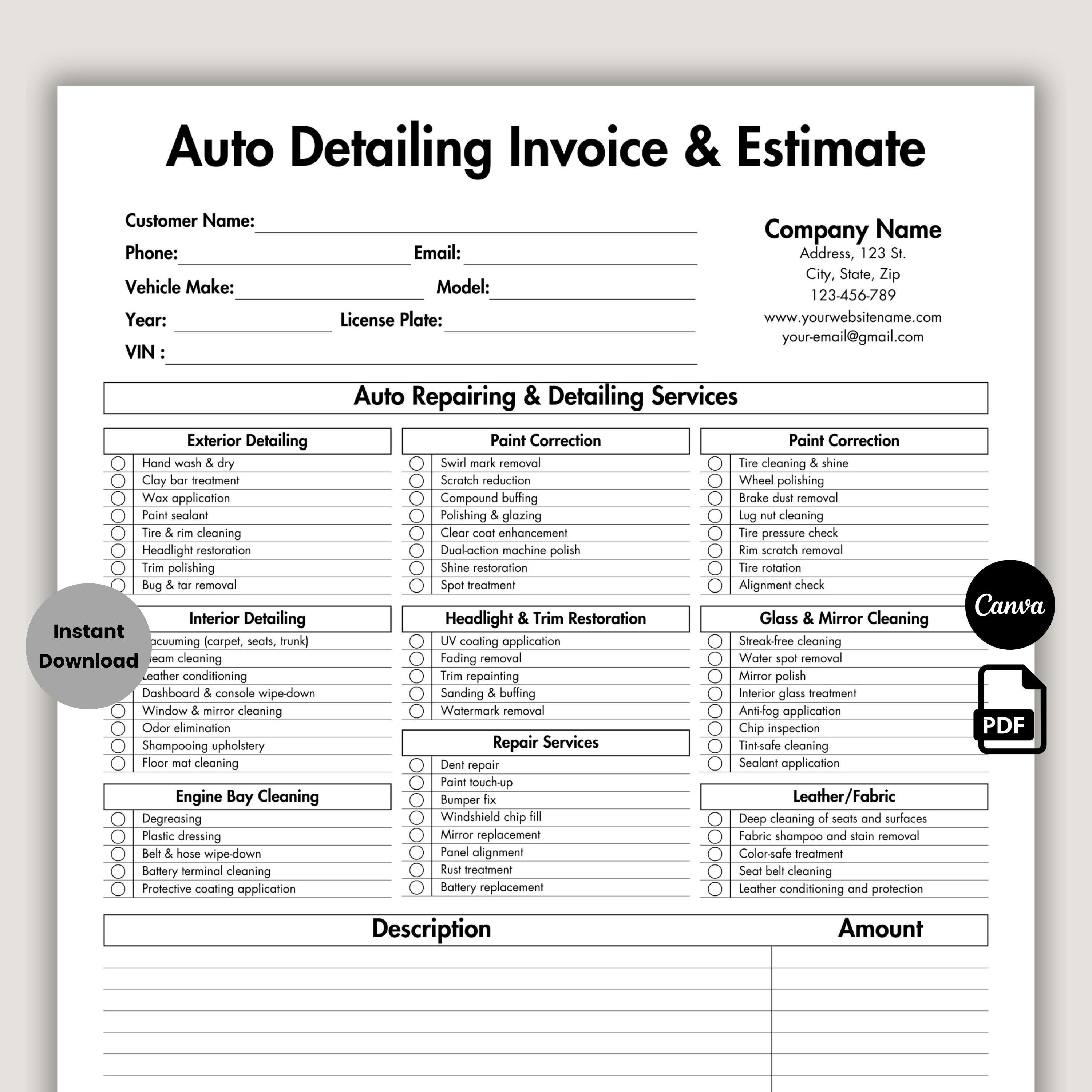Editable Auto Detailing Invoice & Estimate, Printable Vehicle Detailing ...