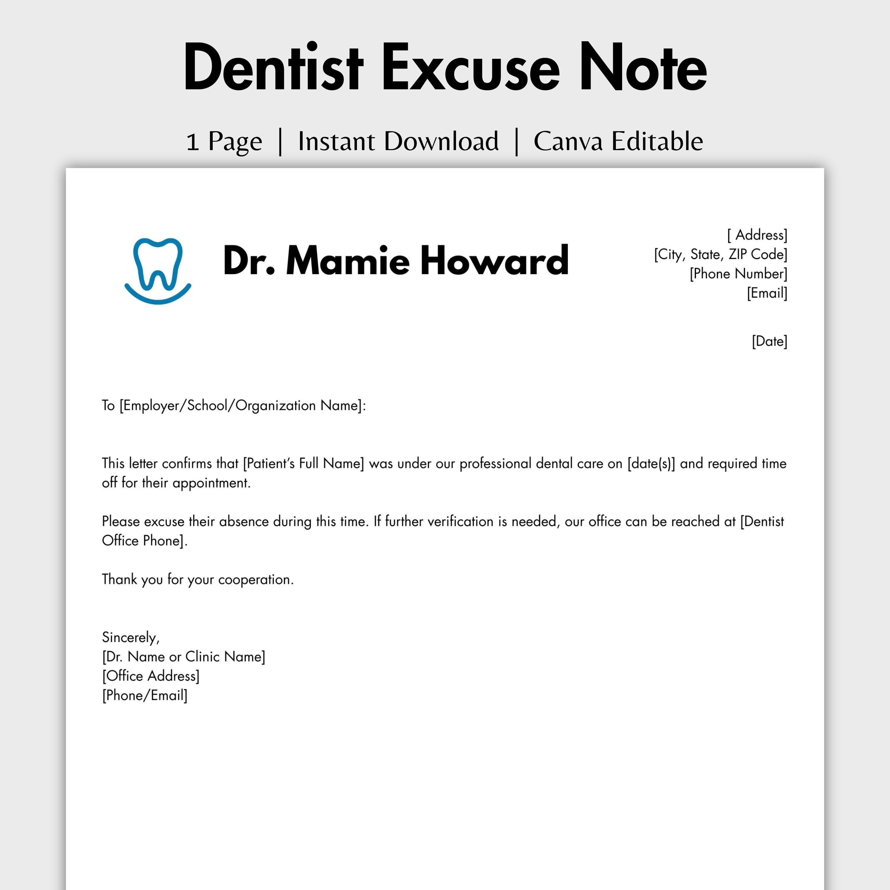Editable Dentist Excuse Note, Printable Dental and Orthodontic Medical ...
