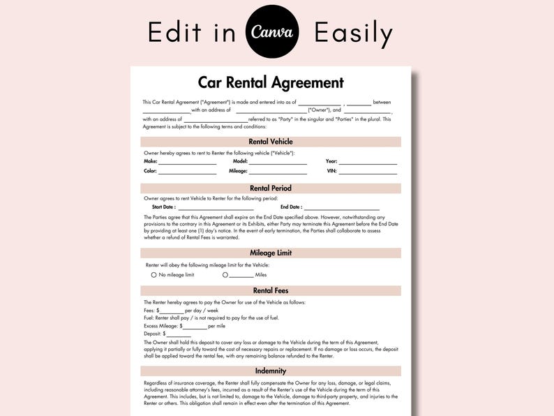 Car Rental Agreement, Printable Car Rental Contract, Vehicle Lease ...
