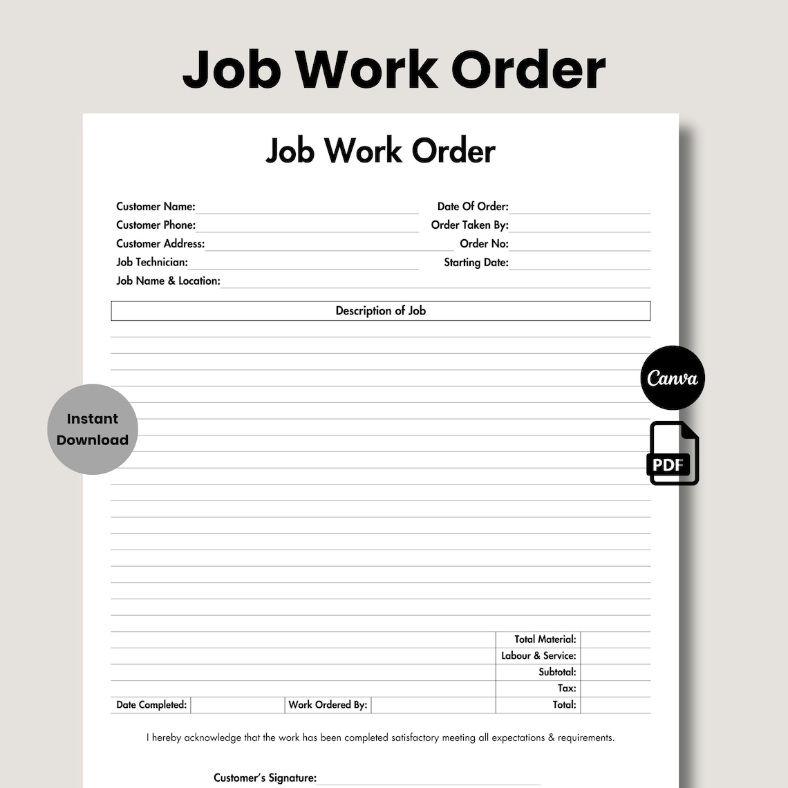 Editable Job Work Order Form, Business Job Work Order Template, Job ...