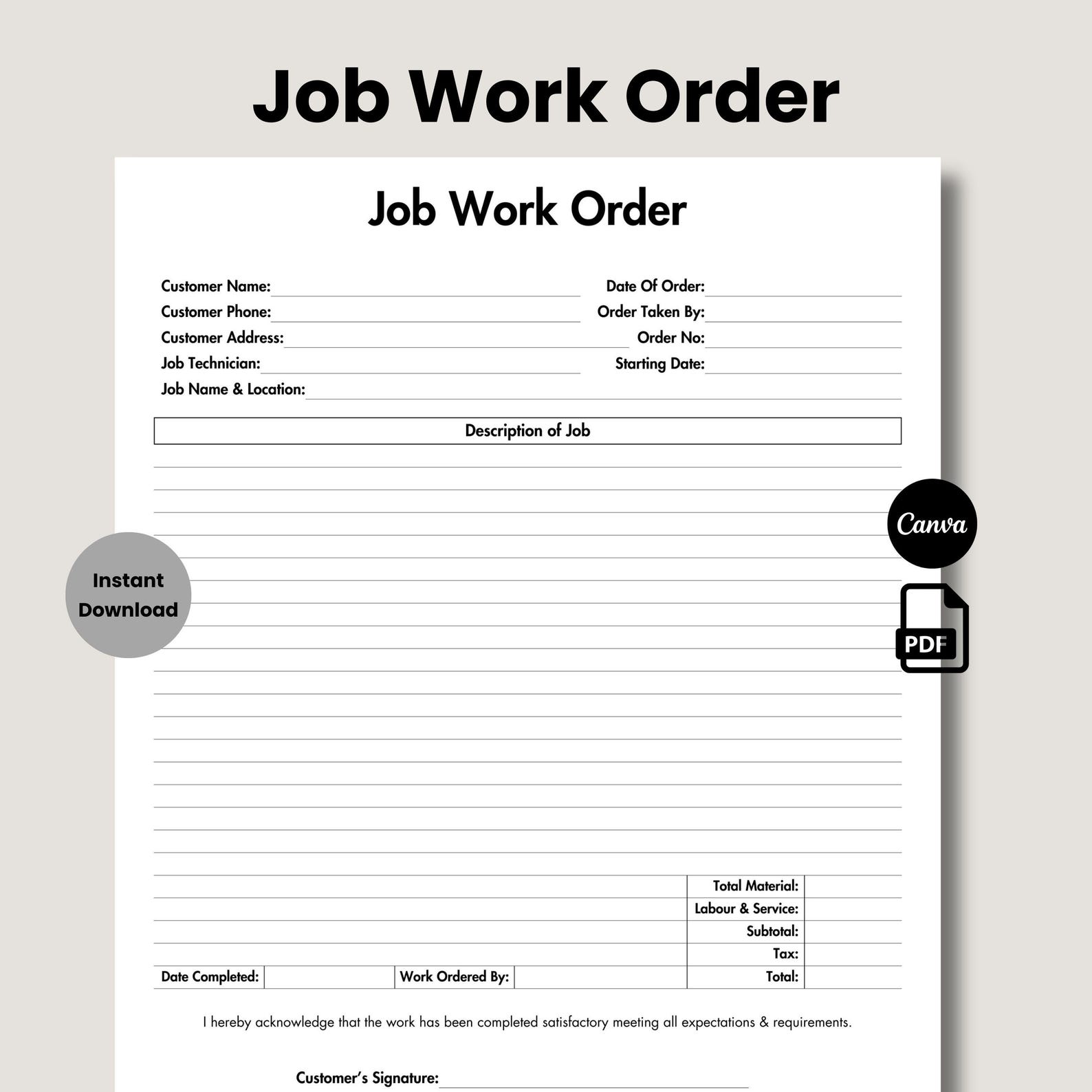 Editable Job Work Order Form, Business Job Work Order Template, Job ...