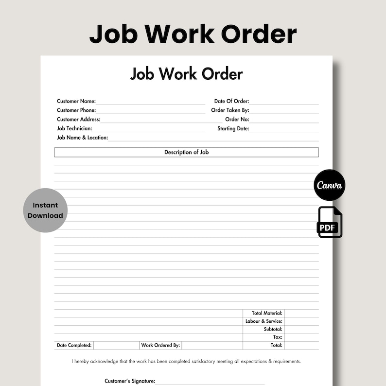 Editable Job Work Order Form, Business Job Work Order Template, Job ...
