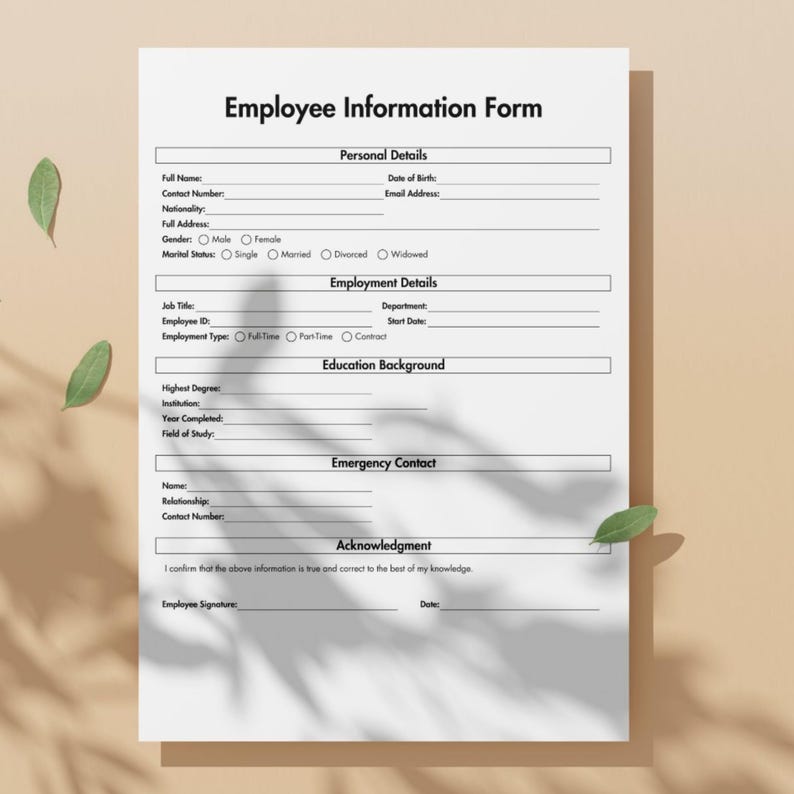 Editable Employee Information Form, HR Templates Employee Form, New ...