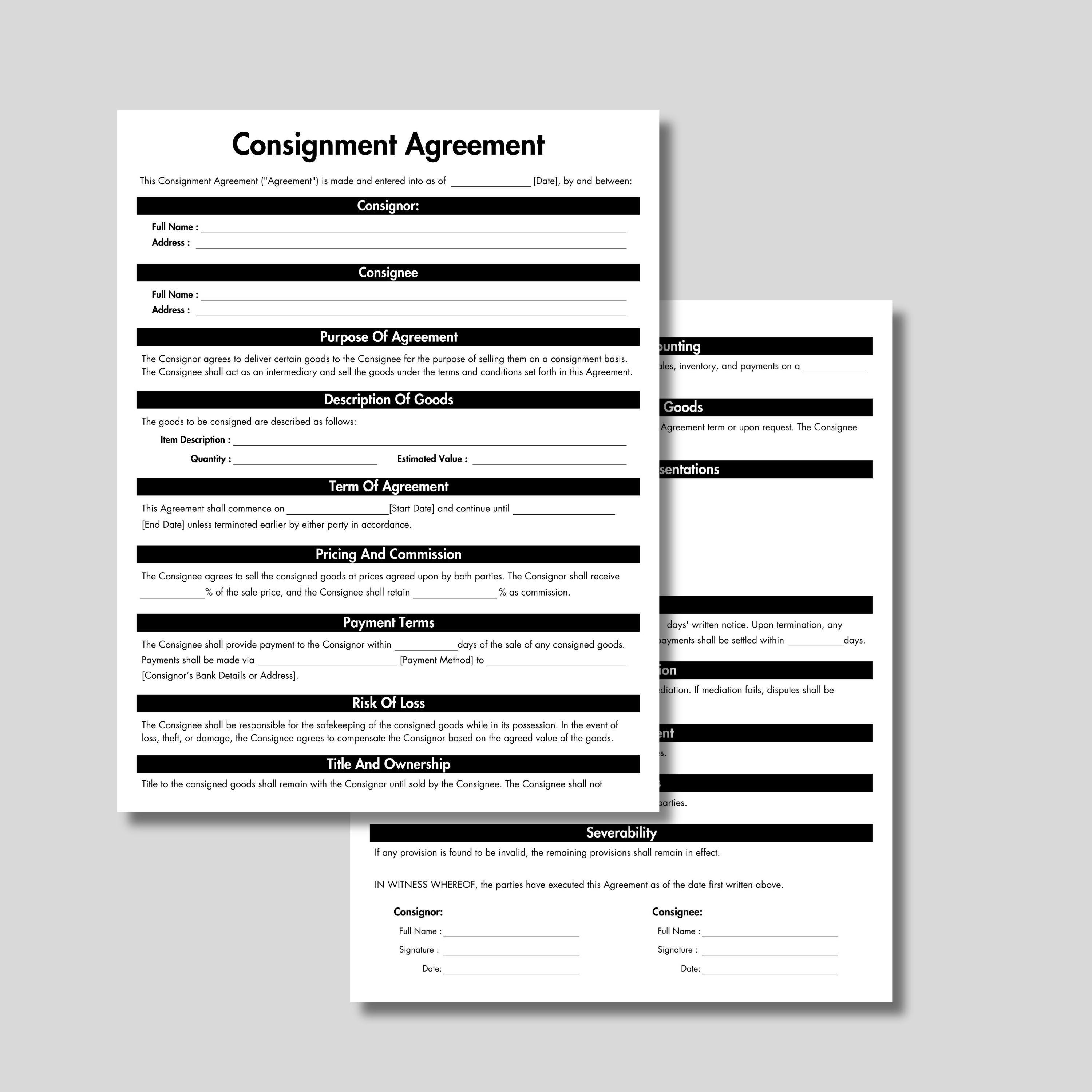 Printable Consignment Agreement, Consignment Contract Editable, Shop ...