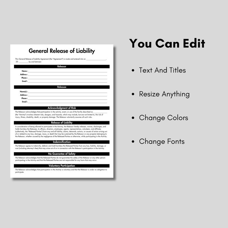 Editable General Release of Liability, Printable Informed Consent ...