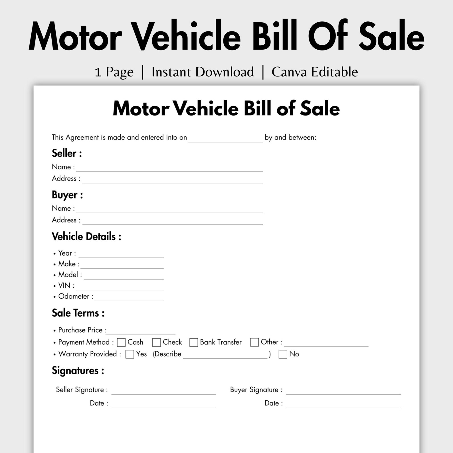 One Page Motor Vehicle Bill of Sale Contract, Editable Car Sale Form ...