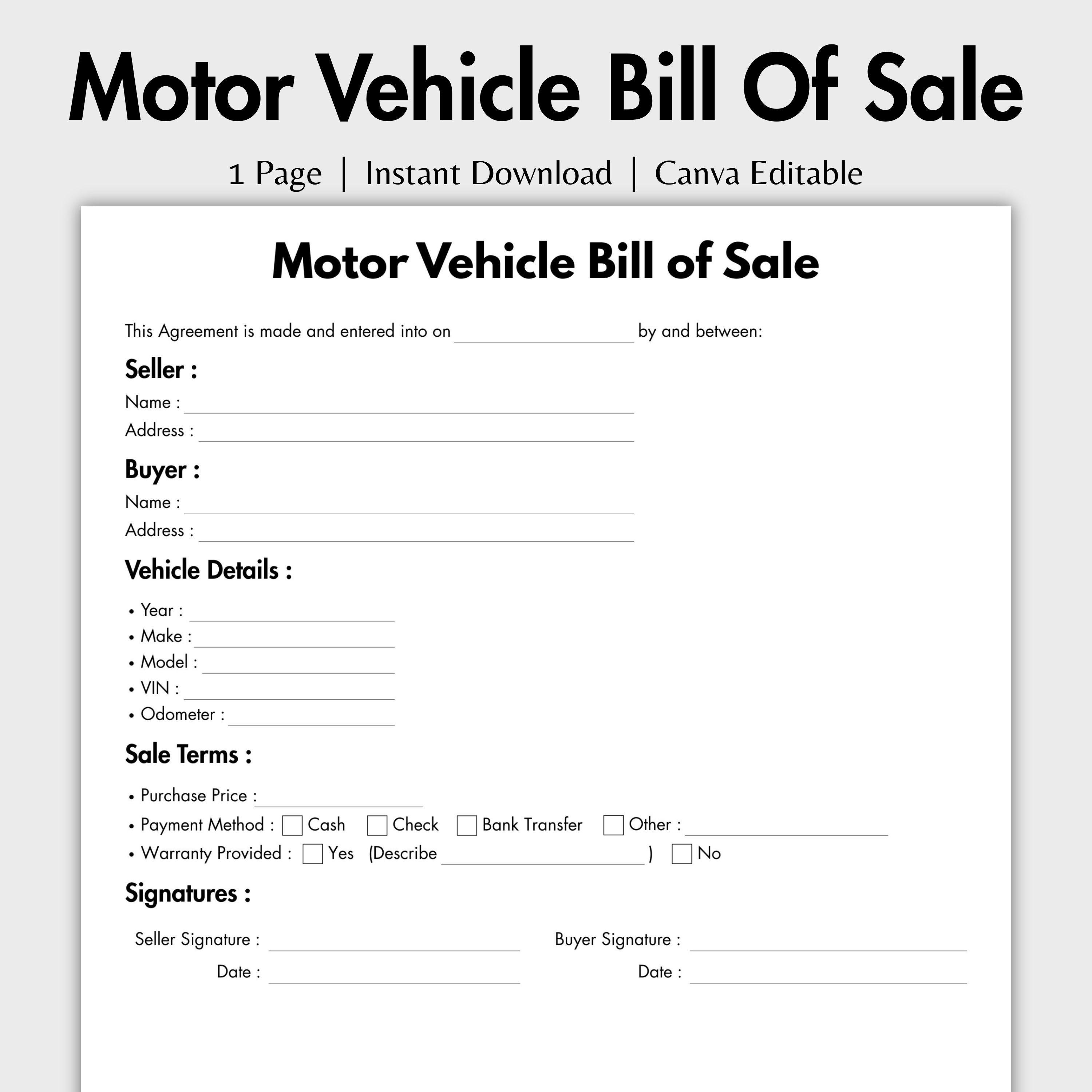 One Page Motor Vehicle Bill of Sale Contract, Editable Car Sale Form ...