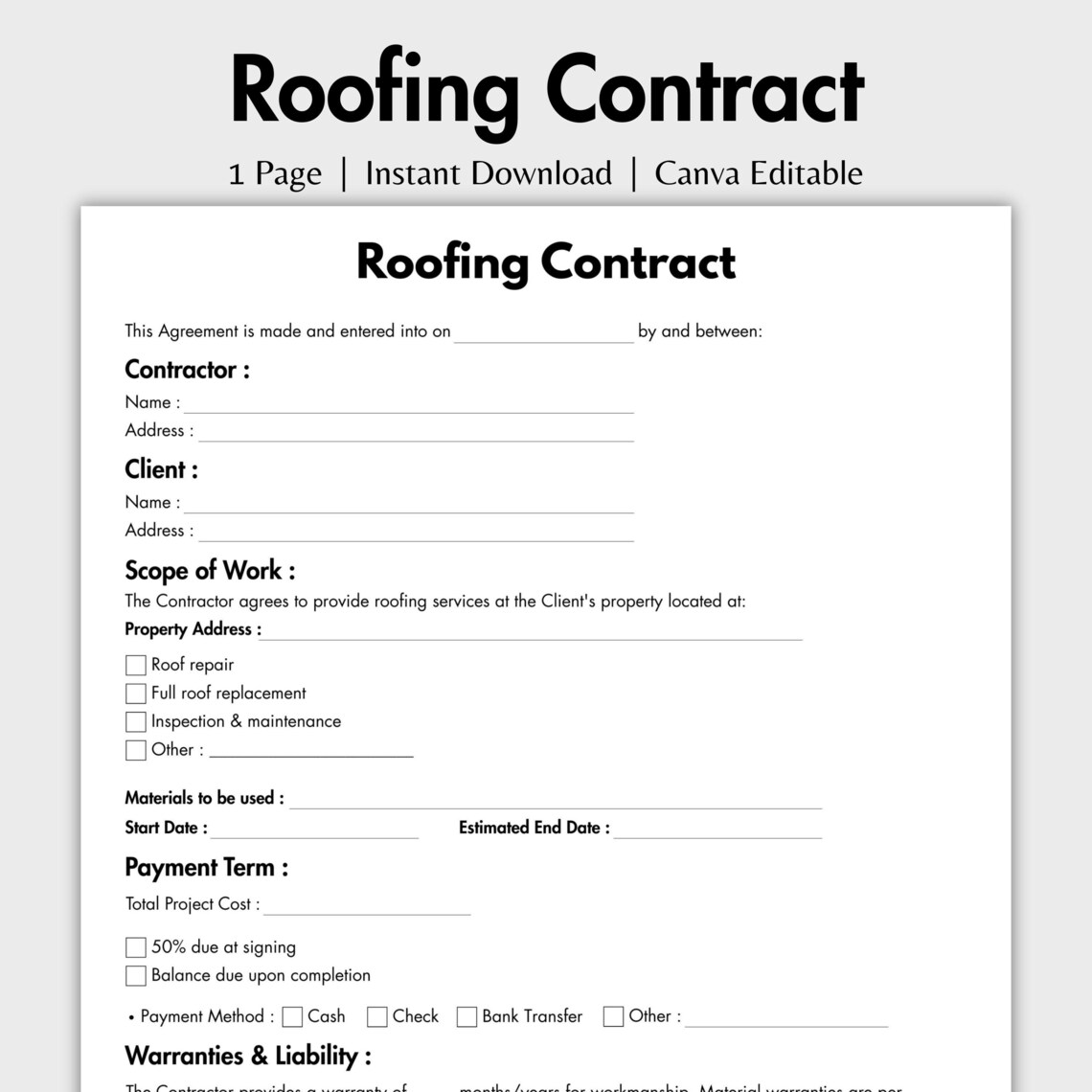 One Page Roofing Contract, Editable Residential Roofing Template Canva ...