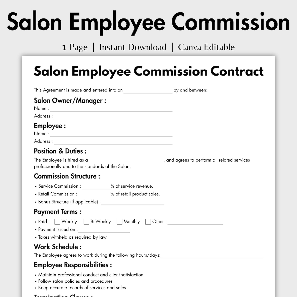 One Page Salon Employee Commission Contract, Editable Stylist ...