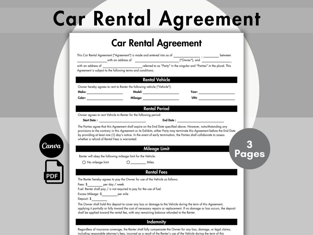 Editable Car Rental Agreement Template, Car Rental Contract, Printable ...
