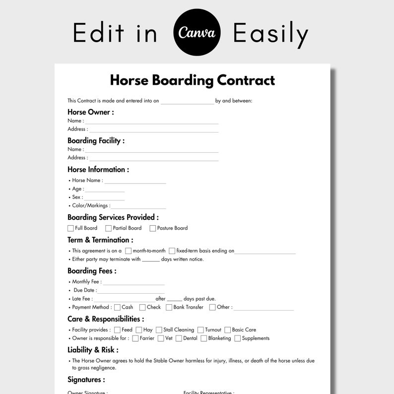 One Page Horse Boarding Contract, Editable Equine Boarding Agreement ...