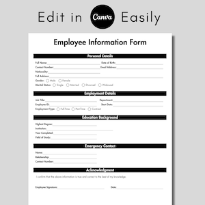Employee Information Form Black, New Hire Paperwork, HR Template ...