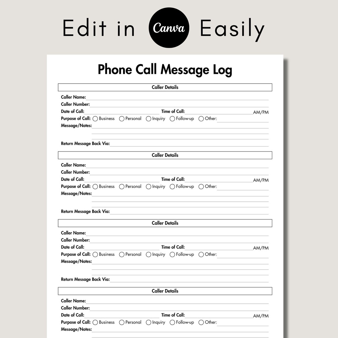 Editable Phone Call Message Log Template, Communication Log Form ...