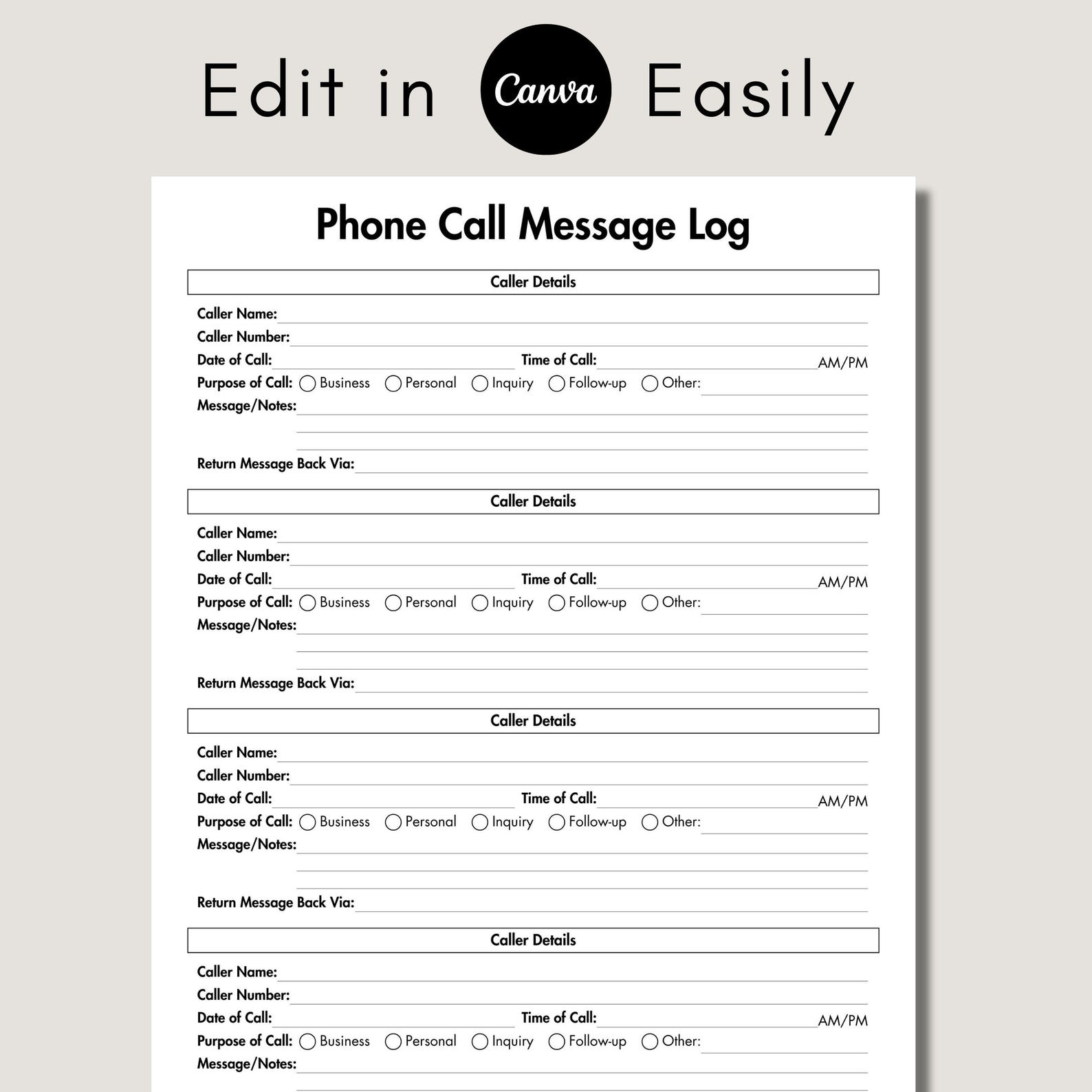 Editable Phone Call Message Log Template, Communication Log Form ...