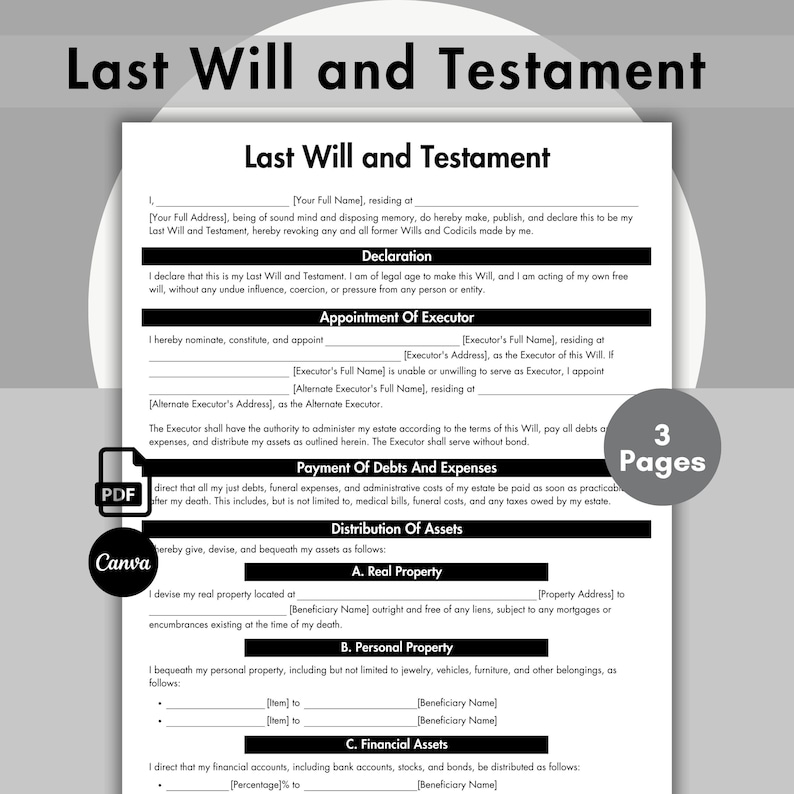 Editable Last Will and Testament Template | Printable Legal Testament ...
