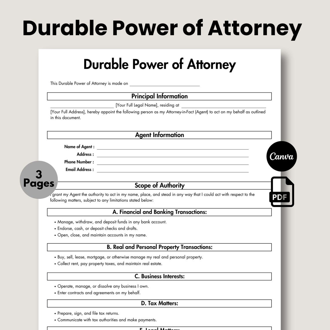 Editable Durable Power of Attorney, POA Form, Printable Durable Power ...