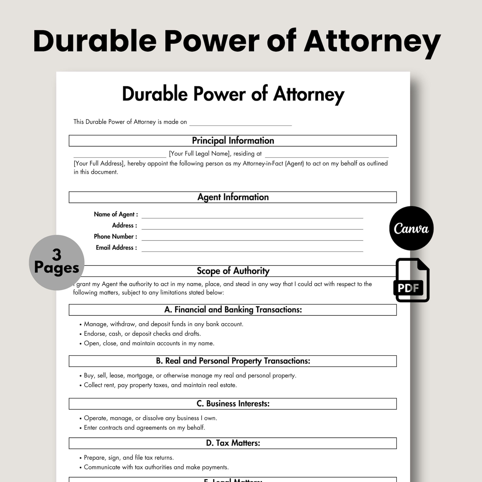 Editable Durable Power of Attorney, POA Form, Printable Durable Power ...