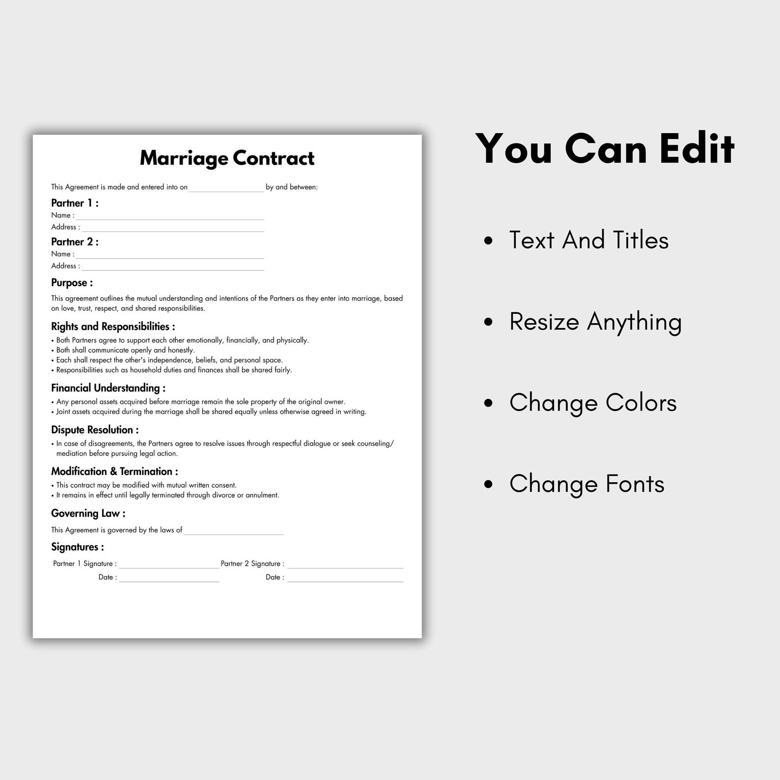 One Page Marriage Contract, Editable Couple Marriage Agreement Form ...