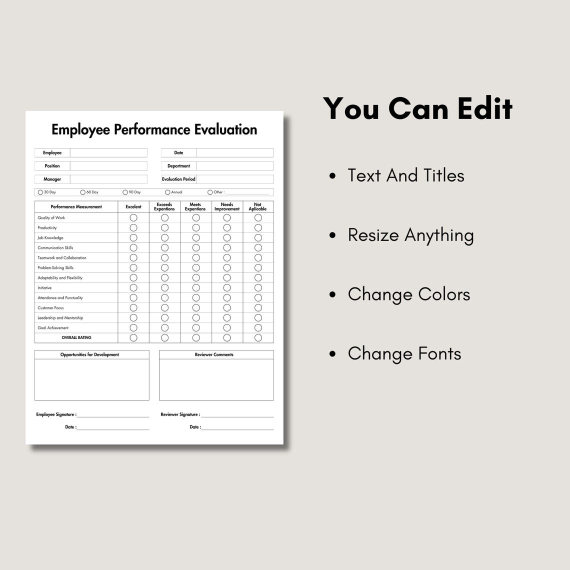 Employee Performance Evaluation, Editable & Printable Employee ...