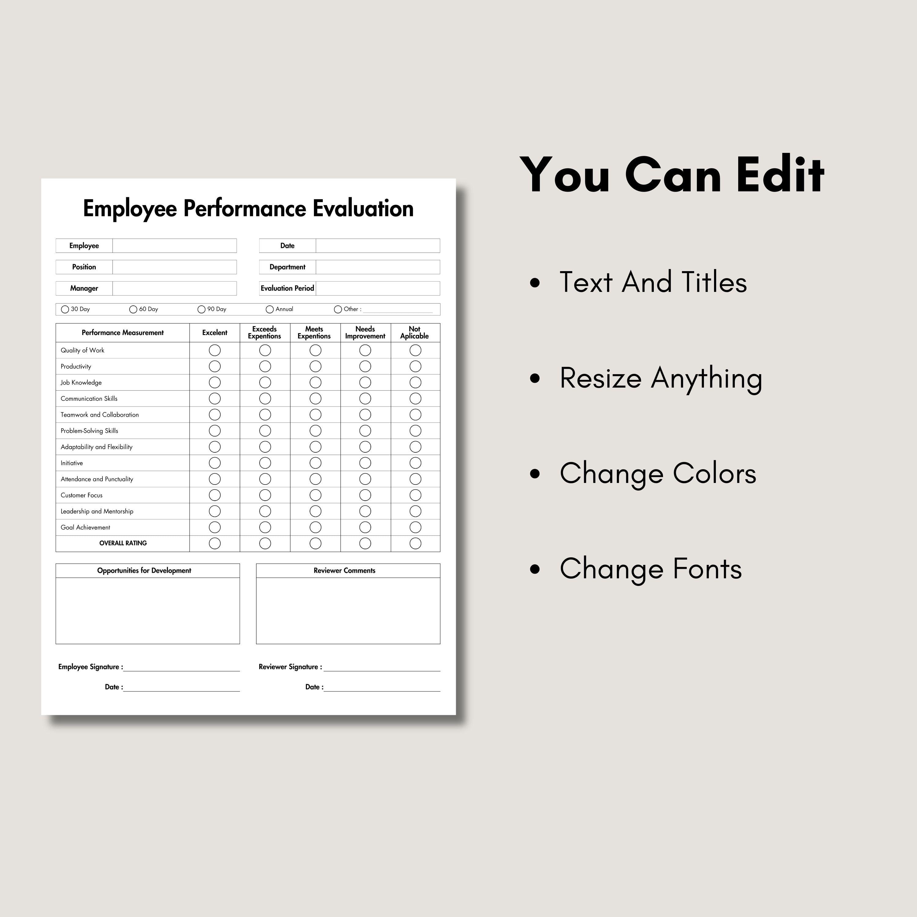 Employee Performance Evaluation, Editable & Printable Employee ...