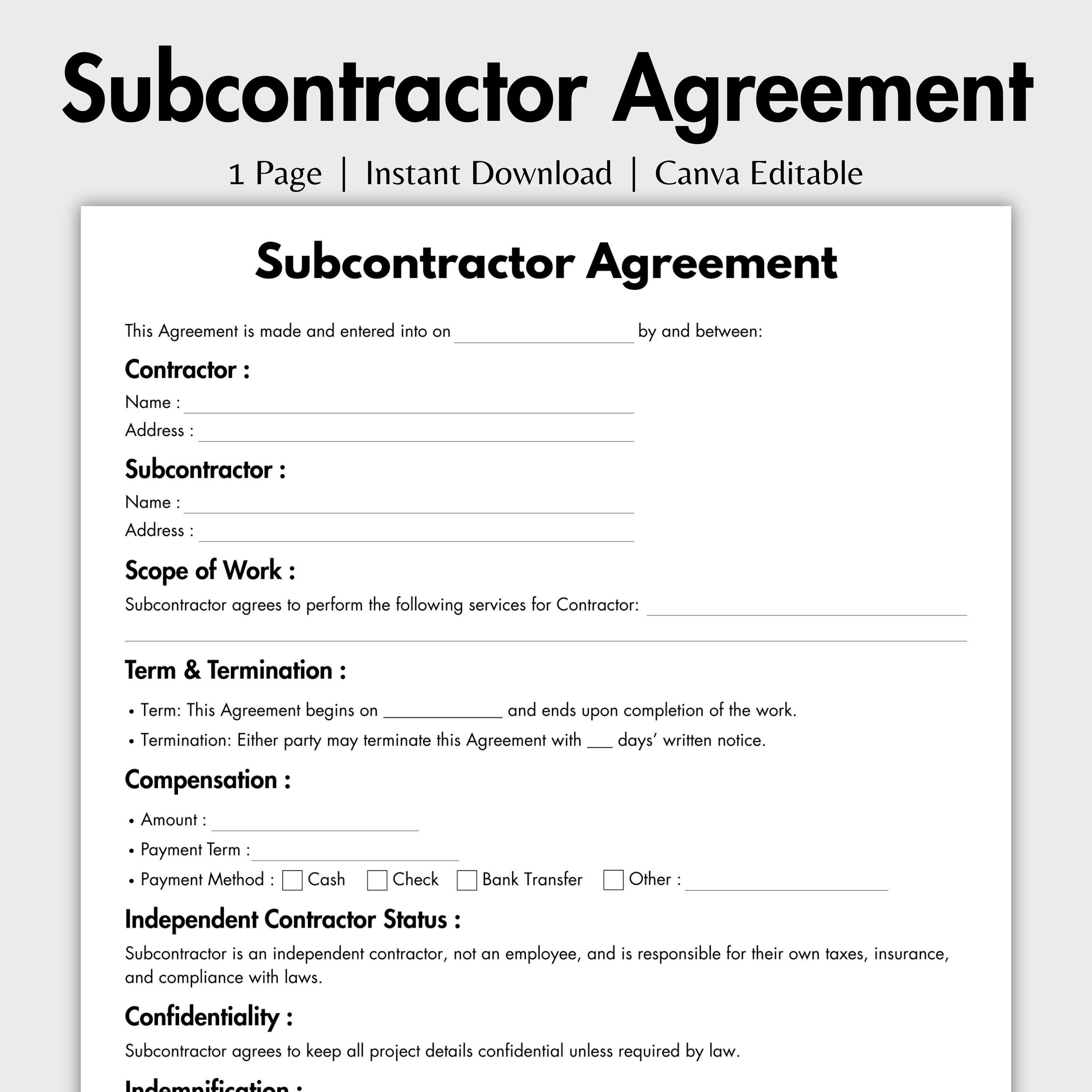 One Page Subcontractor Agreement, Editable Job Subcontractor Template ...