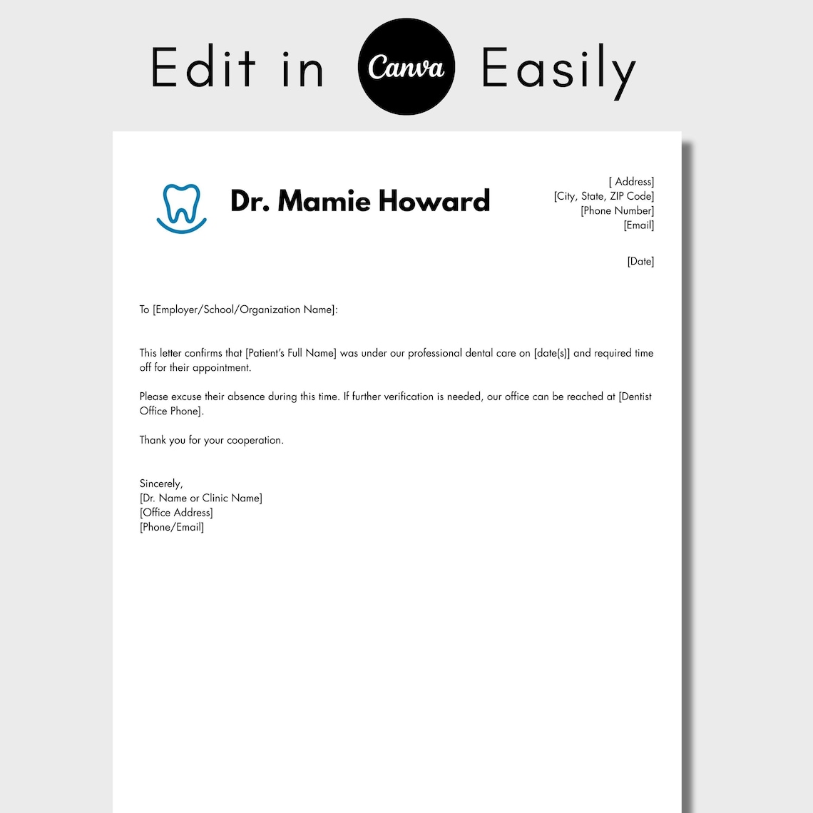 Editable Dentist Excuse Note, Printable Dental and Orthodontic Medical ...