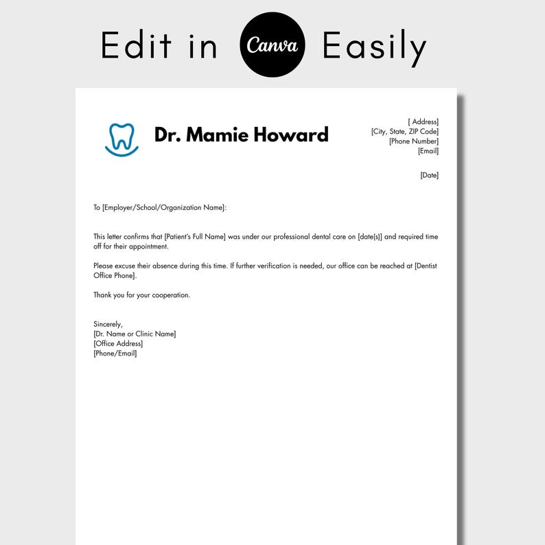 Editable Dentist Excuse Note, Printable Dental and Orthodontic Medical ...