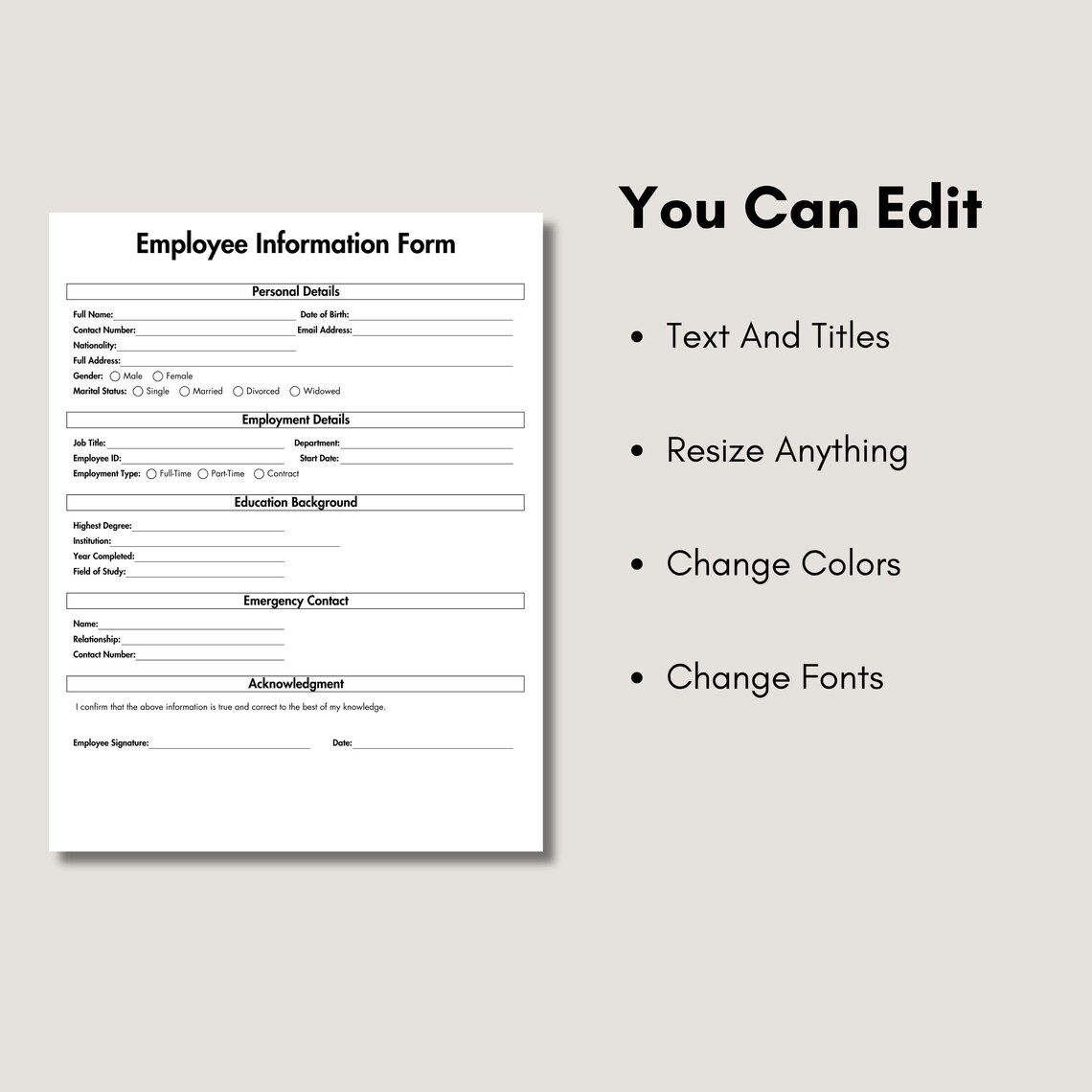 Editable Employee Information Form, HR Templates Employee Form, New ...