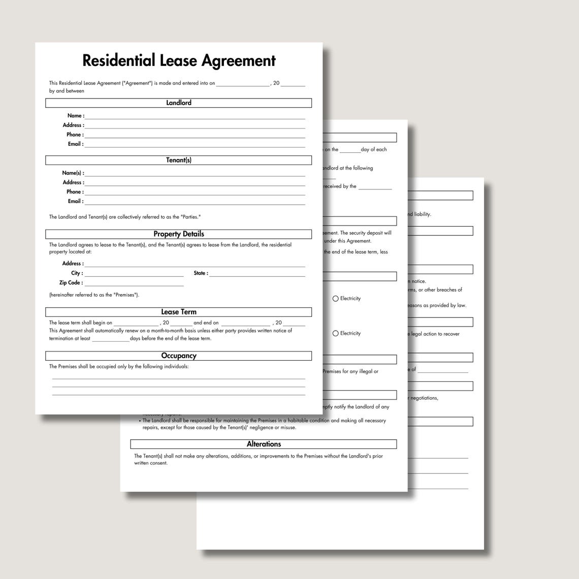 Residential Lease Agreement, Editable & Printable, Simple Rental Lease ...