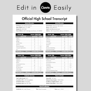 High School Transcript Template Black, Printable & Editable Home School ...