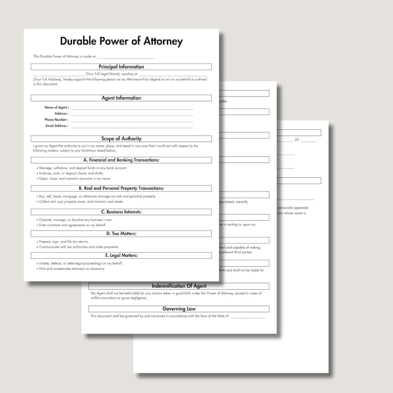 Editable Durable Power of Attorney, POA Form, Printable Durable Power ...
