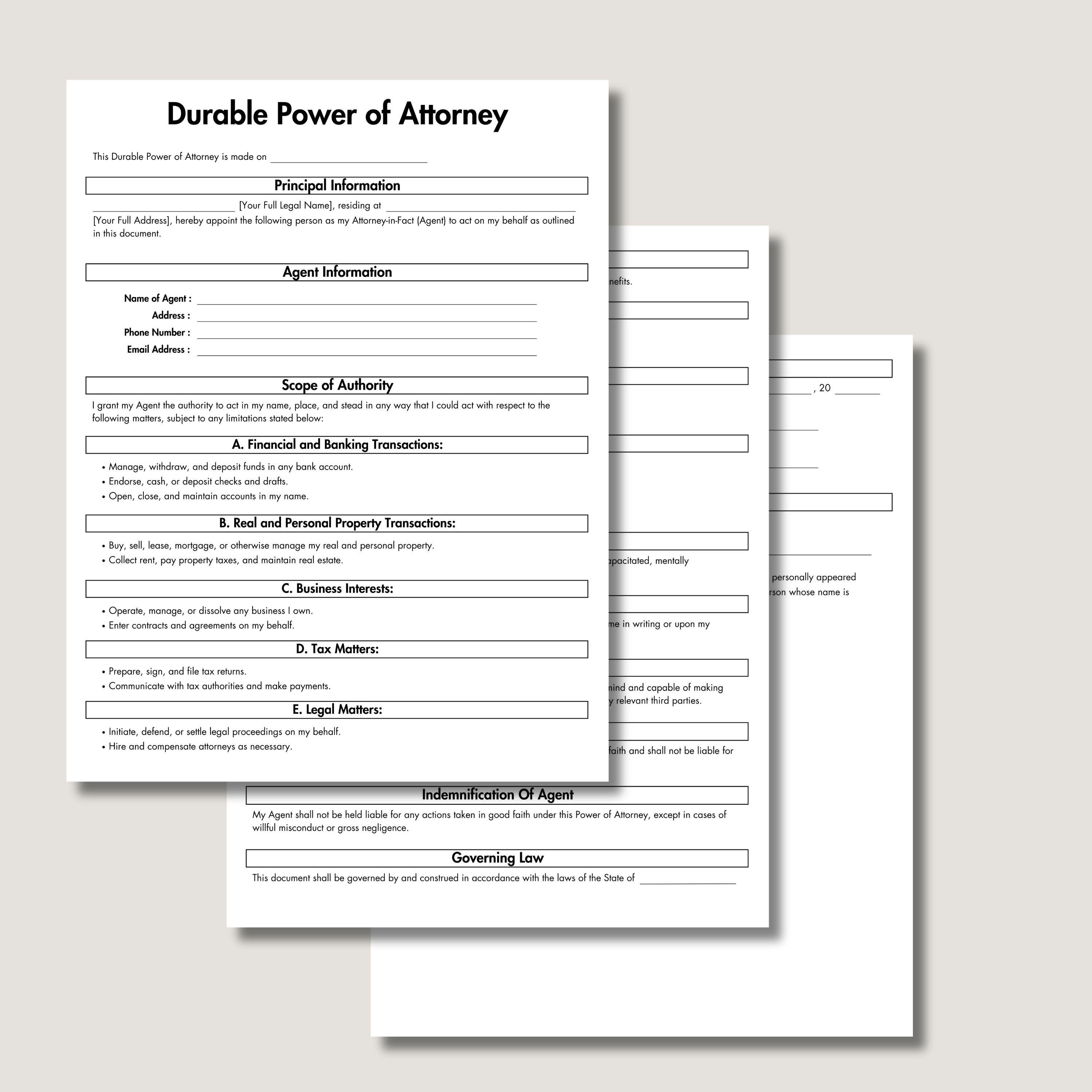 Editable Durable Power of Attorney, POA Form, Printable Durable Power ...
