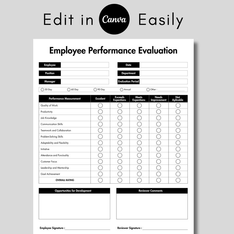 Editable Employee Performance Evaluation, Printable Employee ...