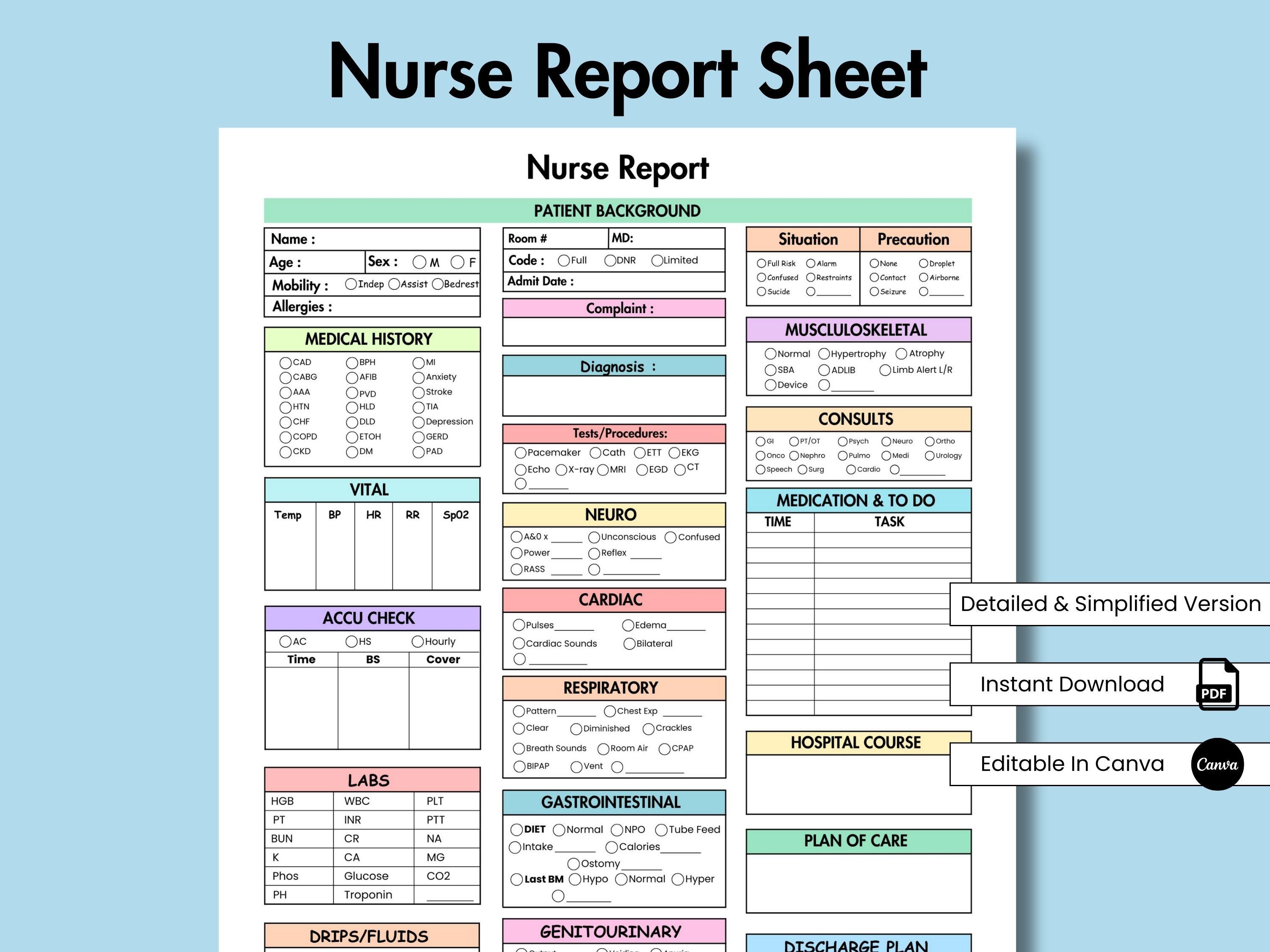 Nursing Report Sheet, ICU Nurse Report Sheet Med Surg, Nurse Brain New ...