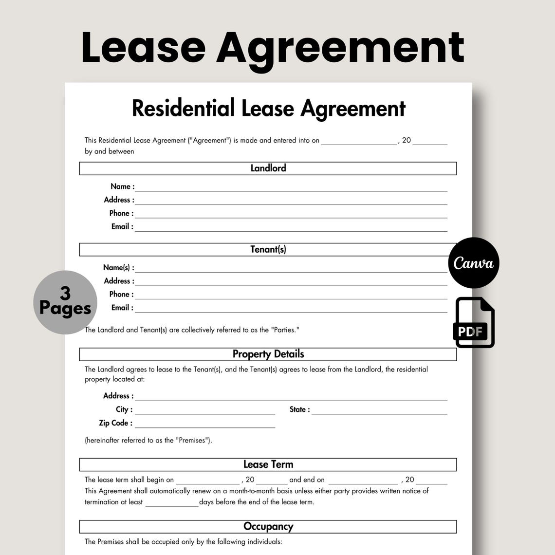 Residential Lease Agreement, Editable & Printable, Simple Rental Lease ...