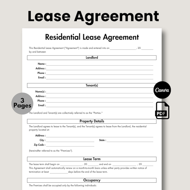 Residential Lease Agreement, Editable & Printable, Simple Rental Lease ...