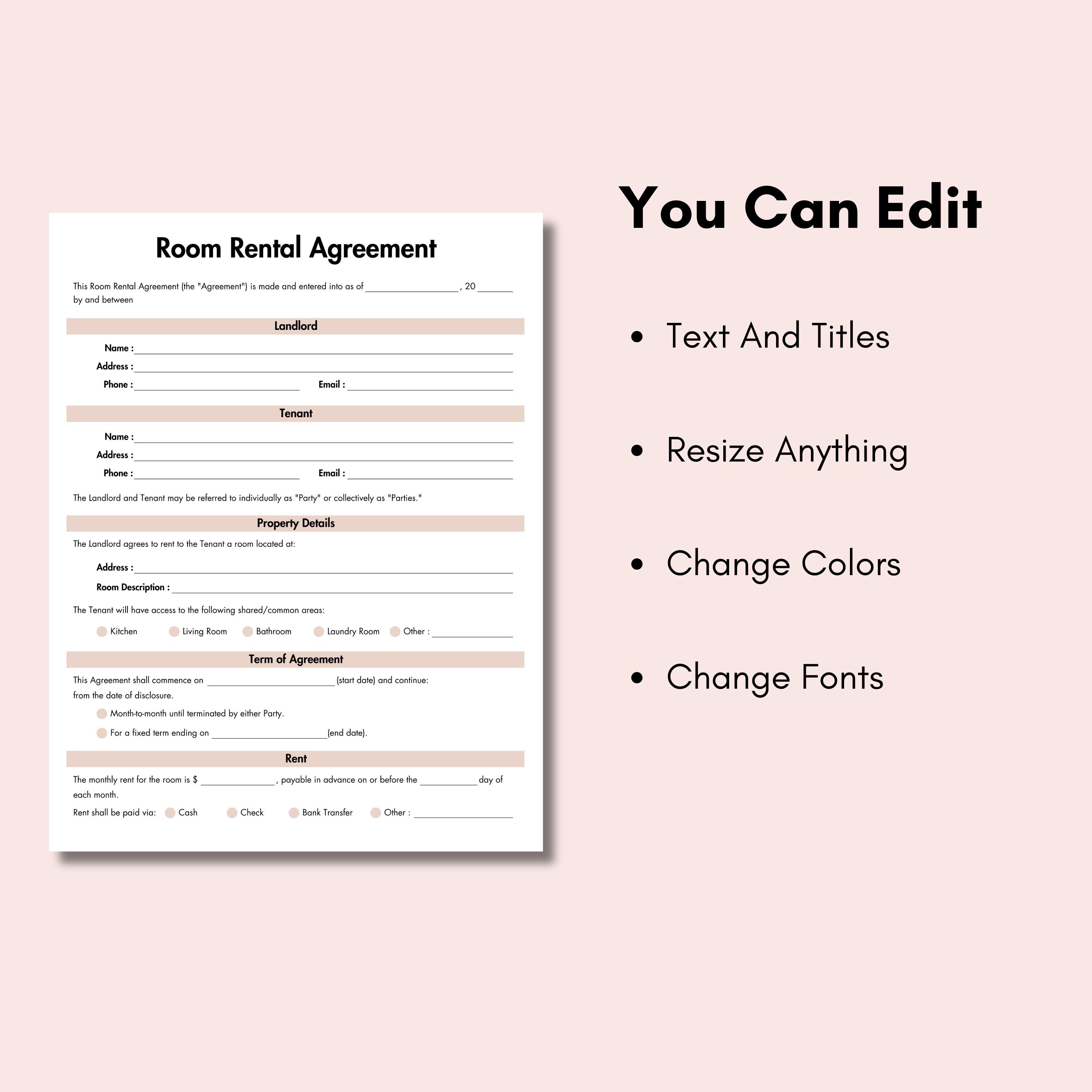 Room Rental Agreement, Printable Room Tenancy Agreement, Editable ...