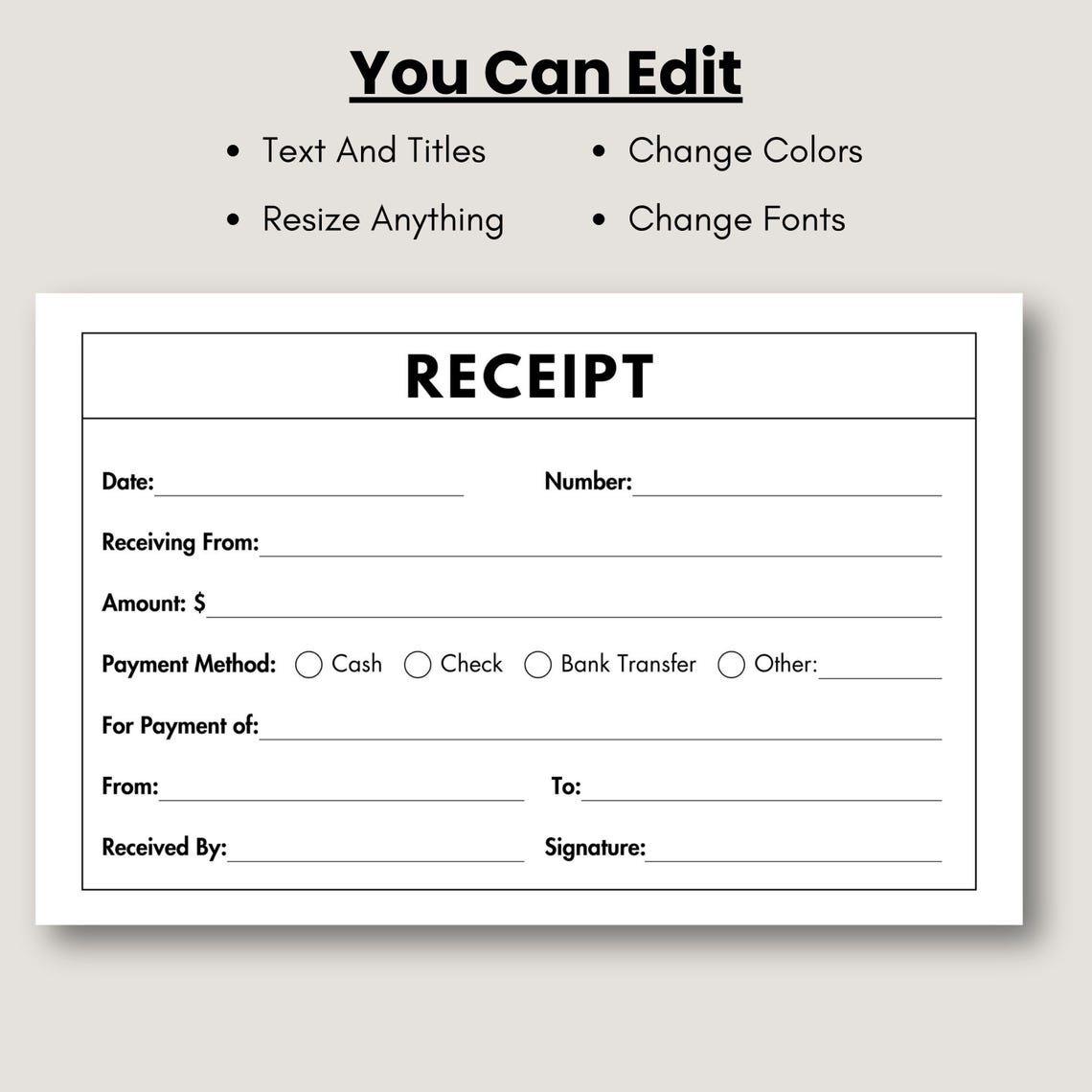 Editable Receipt Template, Simple Business Receipt, Sales Receipt for ...