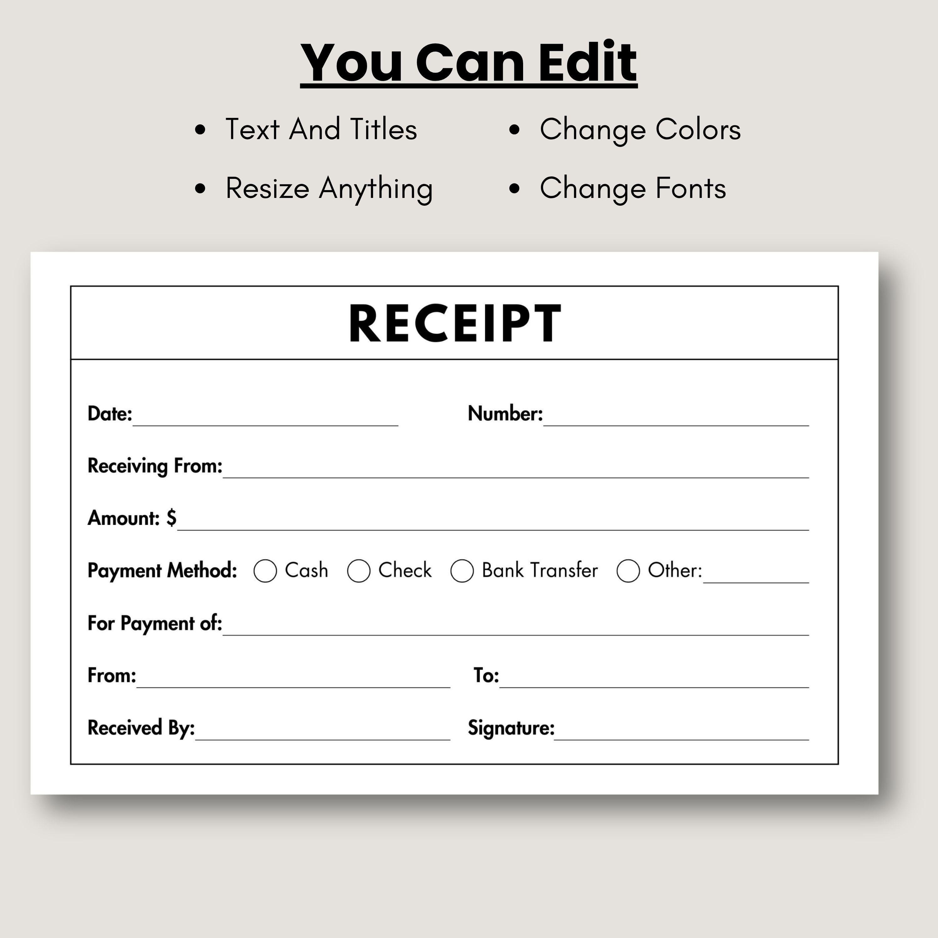 Editable Receipt Template, Simple Business Receipt, Sales Receipt for ...