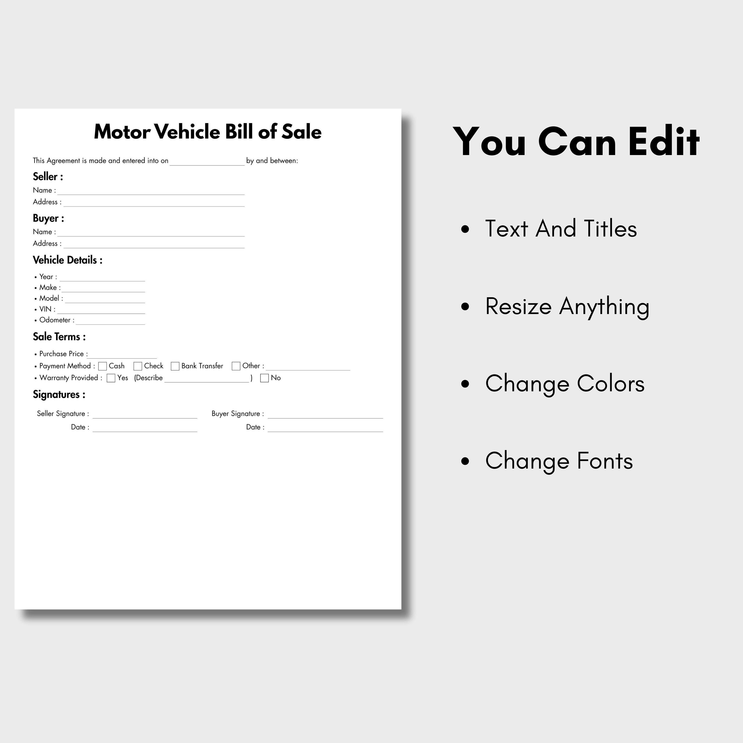 One Page Motor Vehicle Bill of Sale Contract, Editable Car Sale Form ...